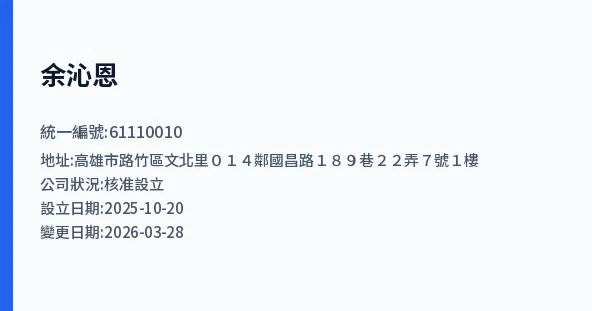 余沁恩的照片-統編 61110010(高雄市) 公司登記資料與營業項目詳細圖表