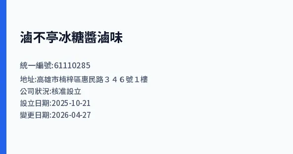 滷不亭冰糖醬滷味的照片-統編 61110285(高雄市) 公司登記資料與營業項目詳細圖表