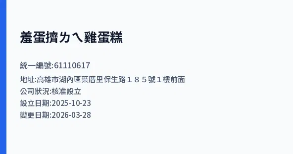 羞蛋擠ㄌㄟ雞蛋糕的照片-統編 61110617(高雄市) 公司登記資料與營業項目詳細圖表
