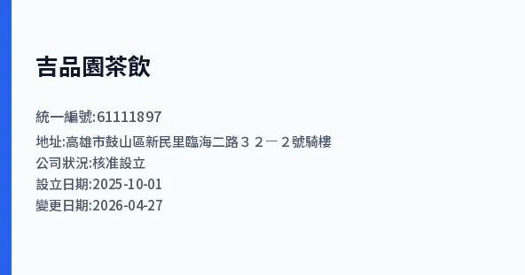 吉品園茶飲的照片-統編 61111897(高雄市) 公司登記資料與營業項目詳細圖表