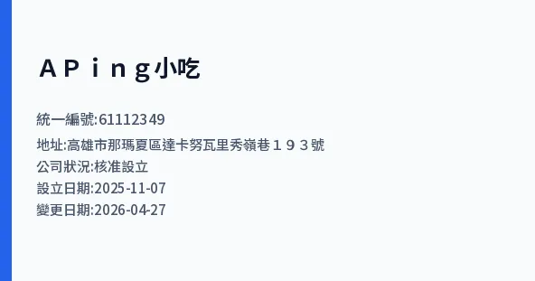 APing小吃的照片-統編 61112349(高雄市) 公司登記資料與營業項目詳細圖表