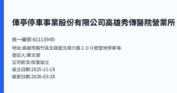 俥亭停車事業股份有限公司高雄秀傳醫院營業所的照片-統編 61113945(高雄市) 公司登記資料與營業項目詳細圖表