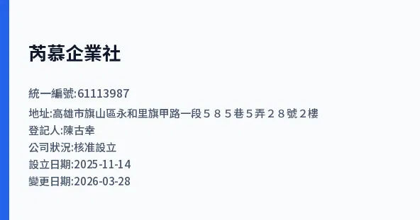 芮慕企業社的照片-統編 61113987(高雄市) 公司登記資料與營業項目詳細圖表