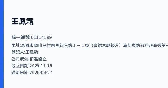 王鳳霜的照片-統編 61114199(高雄市) 公司登記資料與營業項目詳細圖表