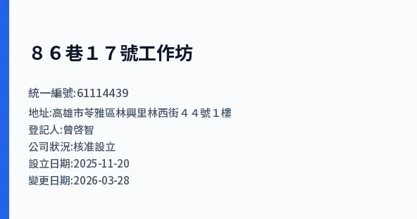 86巷17號工作坊的照片-統編 61114439(高雄市) 公司登記資料與營業項目詳細圖表