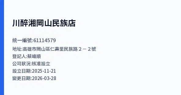 川醉湘岡山民族店的照片-統編 61114579(高雄市) 公司登記資料與營業項目詳細圖表