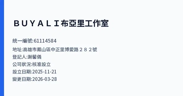 BUYALI布亞里工作室的照片-統編 61114584(高雄市) 公司登記資料與營業項目詳細圖表