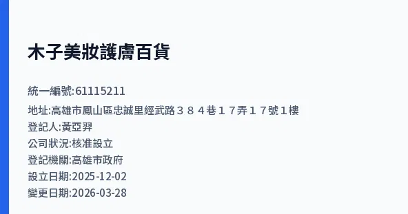 木子美妝護膚百貨的照片-統編 61115211(高雄市) 公司登記資料與營業項目詳細圖表