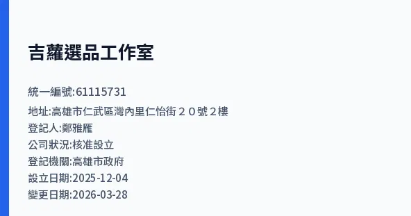 吉蘿選品工作室的照片-統編 61115731(高雄市) 公司登記資料與營業項目詳細圖表