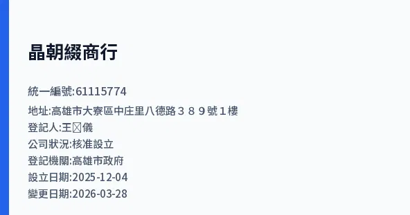 晶朝綴商行的照片-統編 61115774(高雄市) 公司登記資料與營業項目詳細圖表