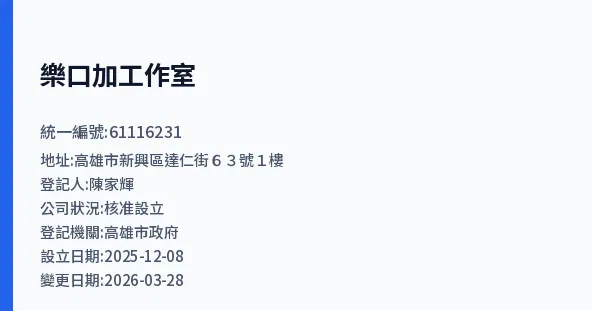 樂口加工作室的照片-統編 61116231(高雄市) 公司登記資料與營業項目詳細圖表