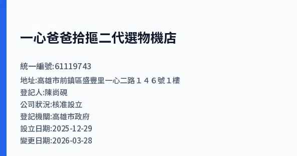 一心爸爸拾摳二代選物機店的照片-統編 61119743(高雄市) 公司登記資料與營業項目詳細圖表