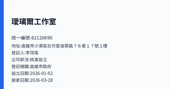 璦璃爾工作室的照片-統編 61120690(高雄市) 公司登記資料與營業項目詳細圖表