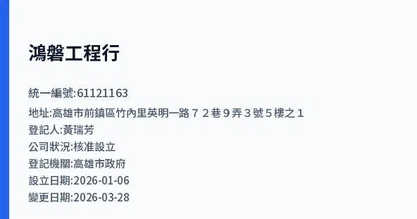 鴻磐工程行的照片-統編 61121163(高雄市) 公司登記資料與營業項目詳細圖表
