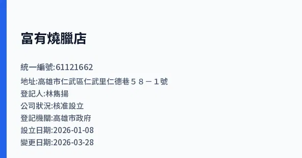 富有燒臘店的照片-統編 61121662(高雄市) 公司登記資料與營業項目詳細圖表