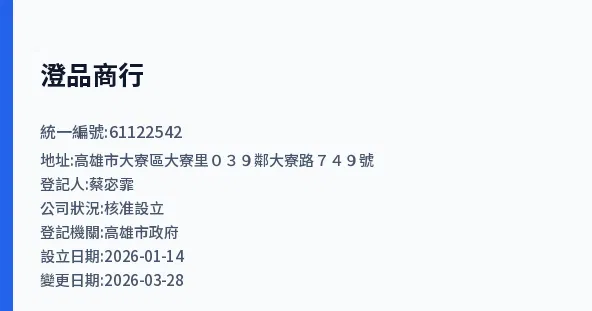 澄品商行的照片-統編 61122542(高雄市) 公司登記資料與營業項目詳細圖表