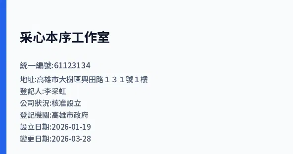 采心本序工作室的照片-統編 61123134(高雄市) 公司登記資料與營業項目詳細圖表
