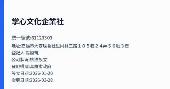 掌心文化企業社的照片-統編 61123303(高雄市) 公司登記資料與營業項目詳細圖表