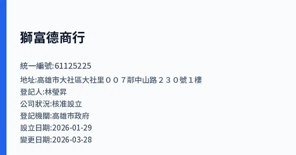 獅富德商行的照片-統編 61125225(高雄市) 公司登記資料與營業項目詳細圖表