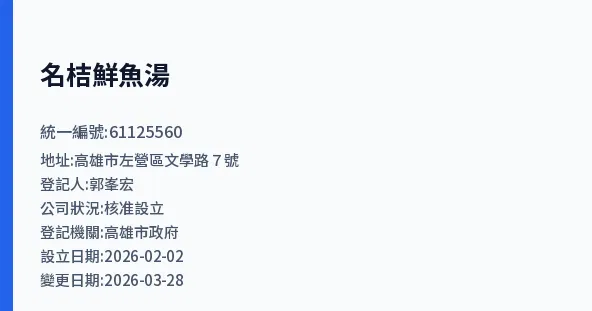 名桔鮮魚湯的照片-統編 61125560(高雄市) 公司登記資料與營業項目詳細圖表