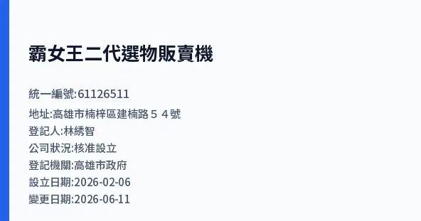 霸女王二代選物販賣機的照片-統編 61126511(高雄市) 公司登記資料與營業項目詳細圖表