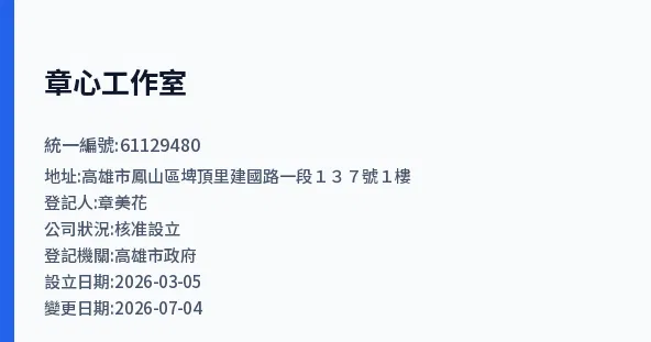 章心工作室的照片-統編 61129480(高雄市) 公司登記資料與營業項目詳細圖表