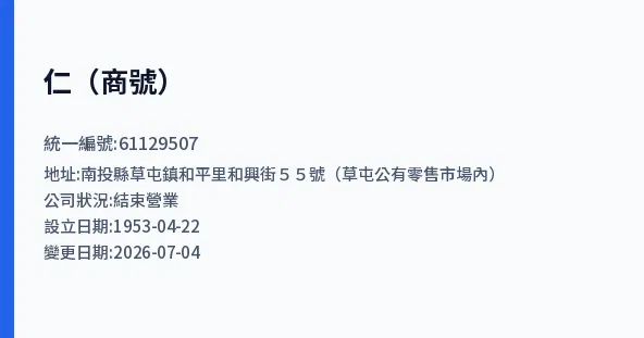 仁(商號)的照片-統編 61129507(南投縣) 公司登記資料與營業項目詳細圖表