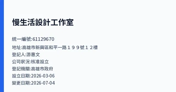 慢生活設計工作室的照片-統編 61129670(高雄市) 公司登記資料與營業項目詳細圖表