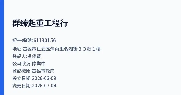 群臻起重工程行的照片-統編 61130156(高雄市) 公司登記資料與營業項目詳細圖表