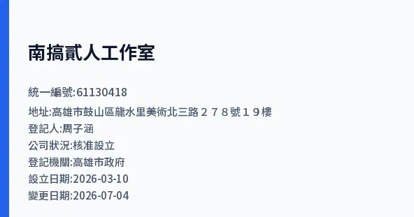 南搞貳人工作室的照片-統編 61130418(高雄市) 公司登記資料與營業項目詳細圖表