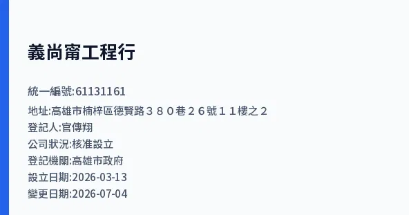 義尚甯工程行的照片-統編 61131161(高雄市) 公司登記資料與營業項目詳細圖表