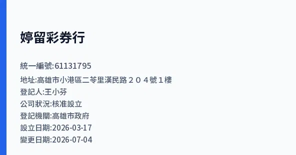 婷留彩券行的照片-統編 61131795(高雄市) 公司登記資料與營業項目詳細圖表