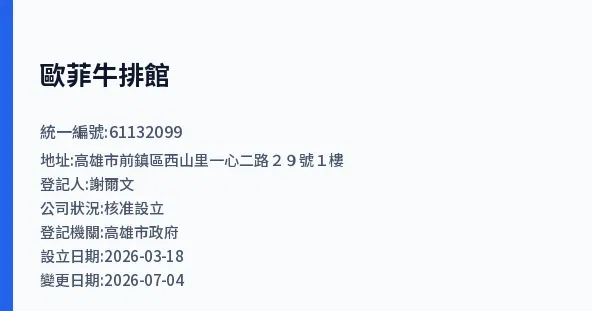 歐菲牛排館的照片-統編 61132099(高雄市) 公司登記資料與營業項目詳細圖表