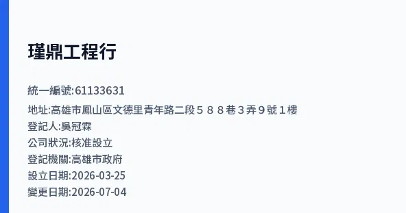 瑾鼎工程行的照片-統編 61133631(高雄市) 公司登記資料與營業項目詳細圖表