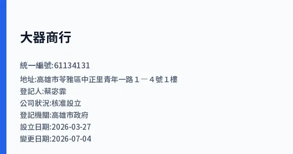 大器商行的照片-統編 61134131(高雄市) 公司登記資料與營業項目詳細圖表