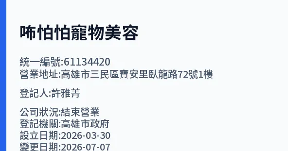 咘怕怕寵物美容的照片-統編 61134420 公司登記資料與營業項目詳細圖表