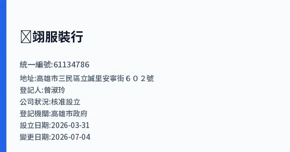 鳯翊服裝行的照片-統編 61134786(高雄市) 公司登記資料與營業項目詳細圖表