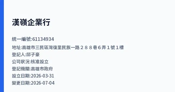 漢嶺企業行的照片-統編 61134934(高雄市) 公司登記資料與營業項目詳細圖表