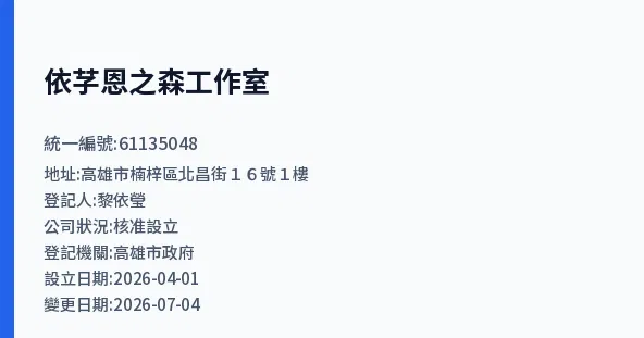 依芓恩之森工作室的照片-統編 61135048(高雄市) 公司登記資料與營業項目詳細圖表