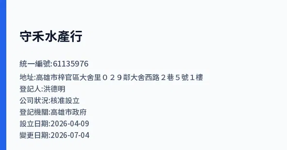 守禾水產行的照片-統編 61135976(高雄市) 公司登記資料與營業項目詳細圖表