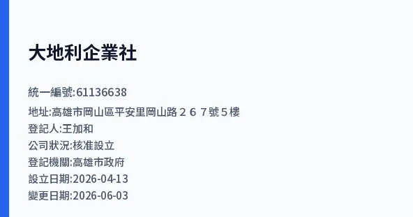 大地利企業社的照片-統編 61136638(高雄市) 公司登記資料與營業項目詳細圖表