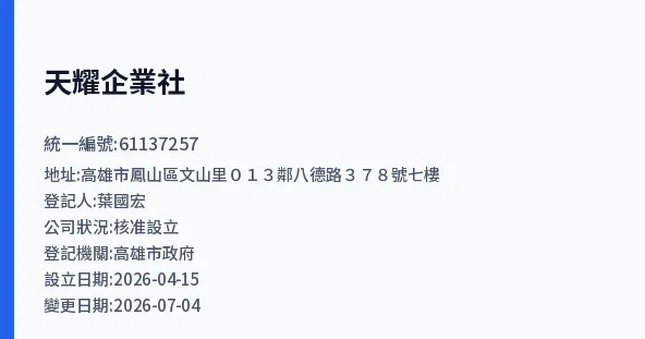 天耀企業社的照片-統編 61137257 公司登記資料與營業項目詳細圖表