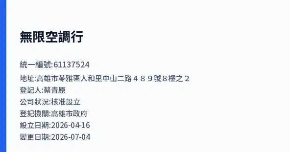 無限空調行的照片-統編 61137524(高雄市) 公司登記資料與營業項目詳細圖表