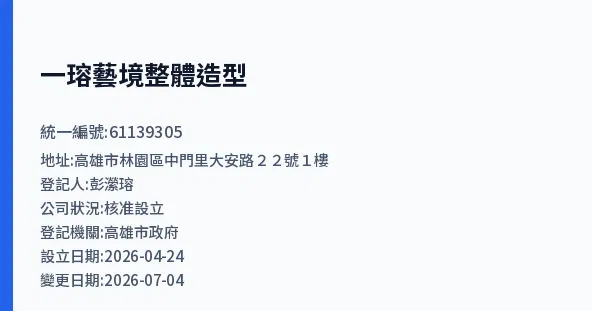 一瑢藝境整體造型的照片-統編 61139305(高雄市) 公司登記資料與營業項目詳細圖表