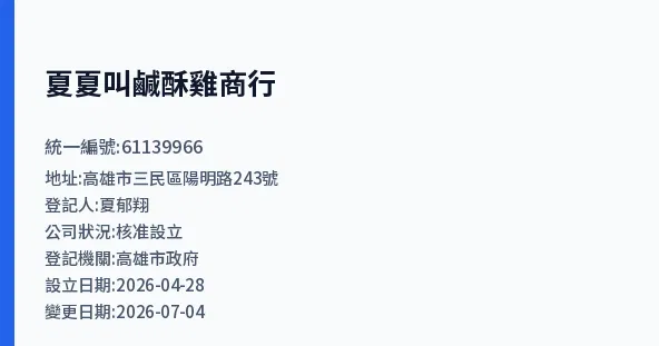 夏夏叫鹹酥雞商行的照片-統編 61139966(高雄市) 公司登記資料與營業項目詳細圖表