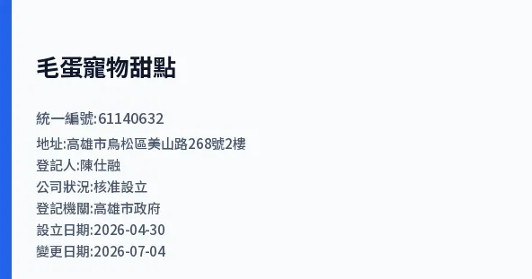 毛蛋寵物甜點的照片-統編 61140632(高雄市) 公司登記資料與營業項目詳細圖表