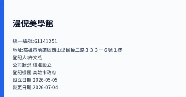 漫倪美學館的照片-統編 61141251(高雄市) 公司登記資料與營業項目詳細圖表