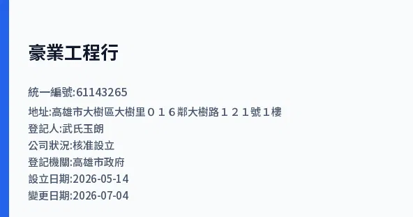 豪業工程行的照片-統編 61143265(高雄市) 公司登記資料與營業項目詳細圖表