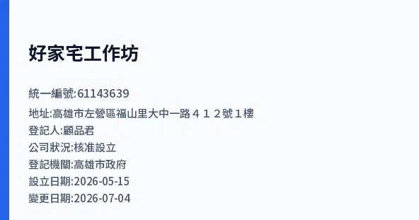 好家宅工作坊的照片-統編 61143639(高雄市) 公司登記資料與營業項目詳細圖表