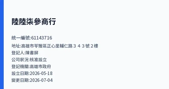陸陸柒參商行的照片-統編 61143716(高雄市) 公司登記資料與營業項目詳細圖表